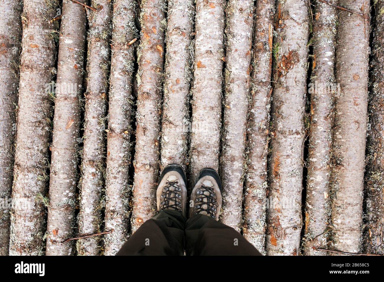 trekking shoes on wooden bridge of logs Stock Photo - Alamy