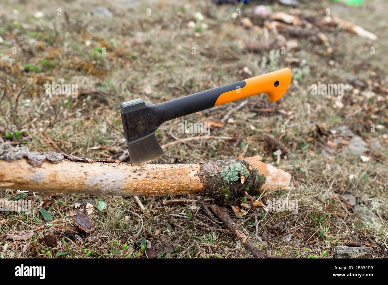 Axe cutting log in the forest on nature background Stock Photo - Alamy