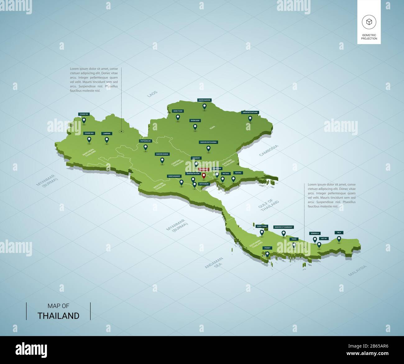 Stylized map of Thailand. Isometric 3D green map with cities, borders ...