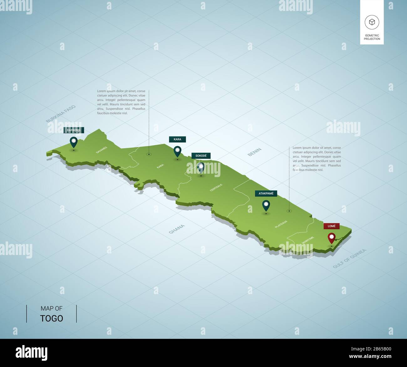 Stylized map of Togo. Isometric 3D green map with cities, borders ...