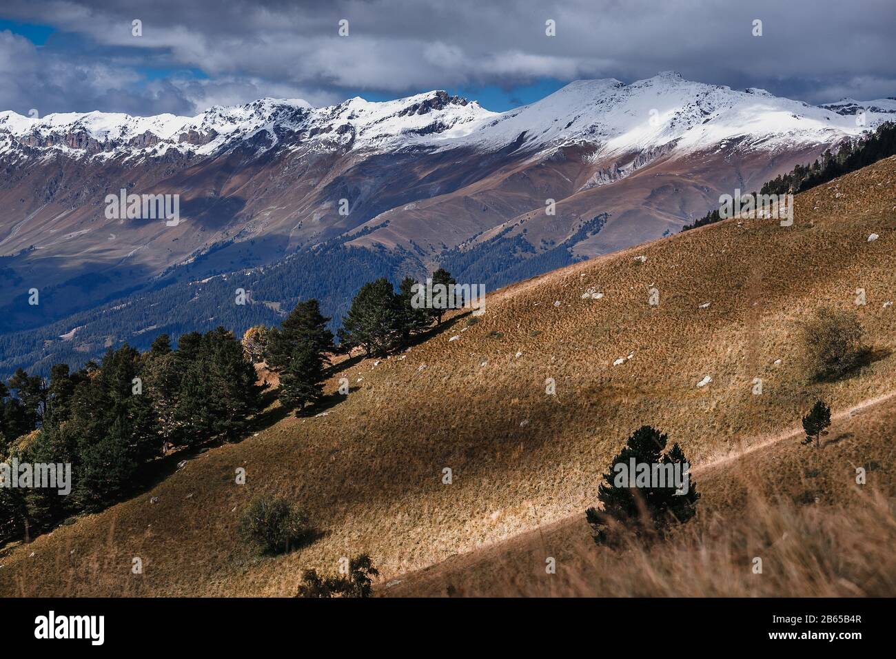 Mountain valley on the background of ranges and snow peaks Altai ...