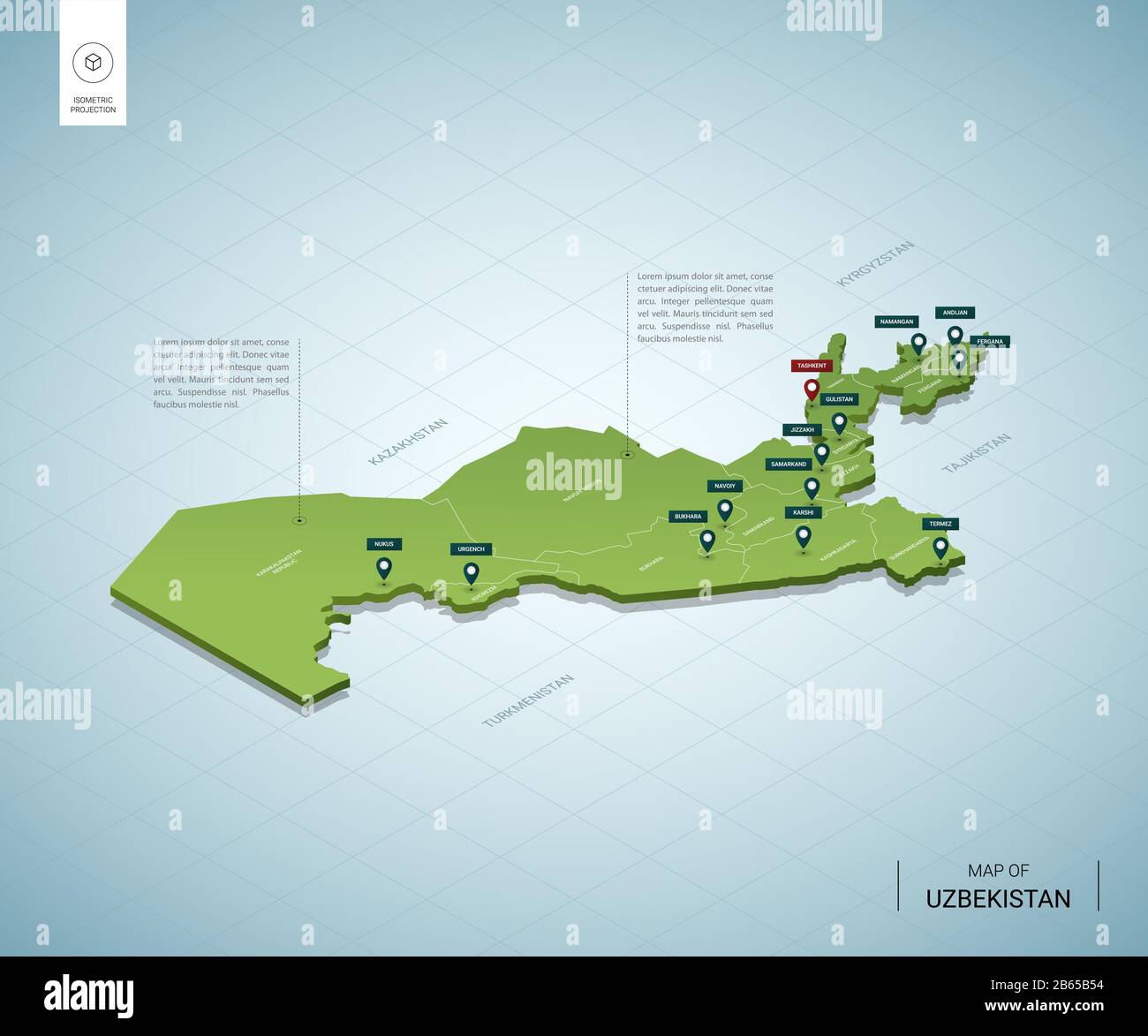 Stylized map of Uzbekistan. Isometric 3D green map with cities, borders ...
