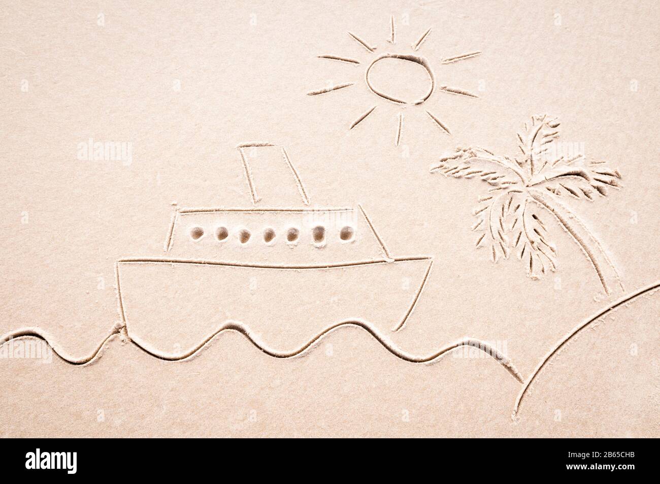 Simple cruise ship sailing past sunny tropical island on calm seas ...