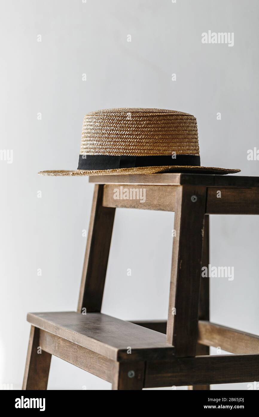 Summer panama straw hat on stool in stidio Stock Photo - Alamy