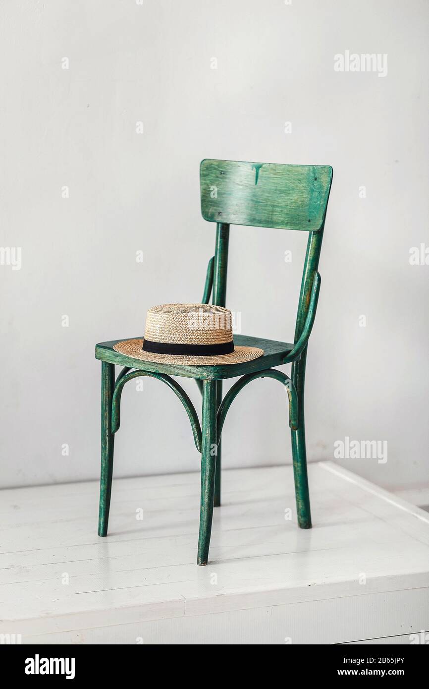 Summer panama straw hat on stool in stidio Stock Photo - Alamy