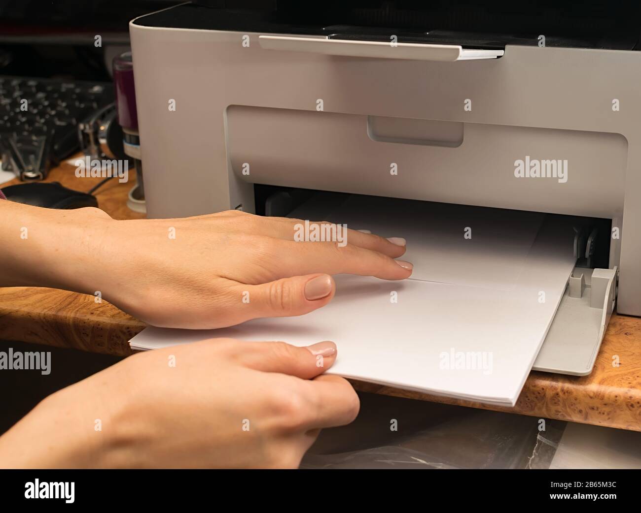 women hands in the office push an empty white sheet of paper inside the ...