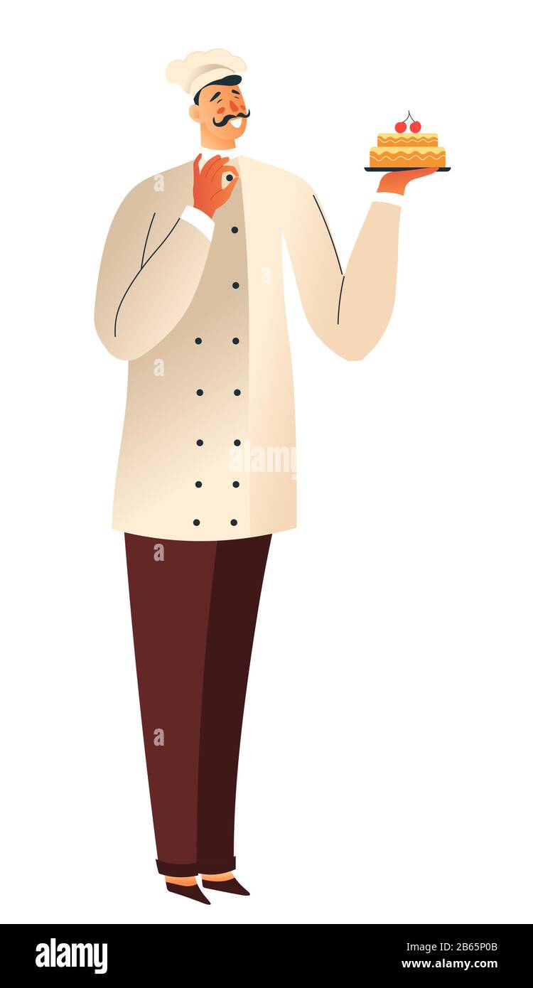 Birthday cake and baker or pastry chef, isolated character Stock Vector ...
