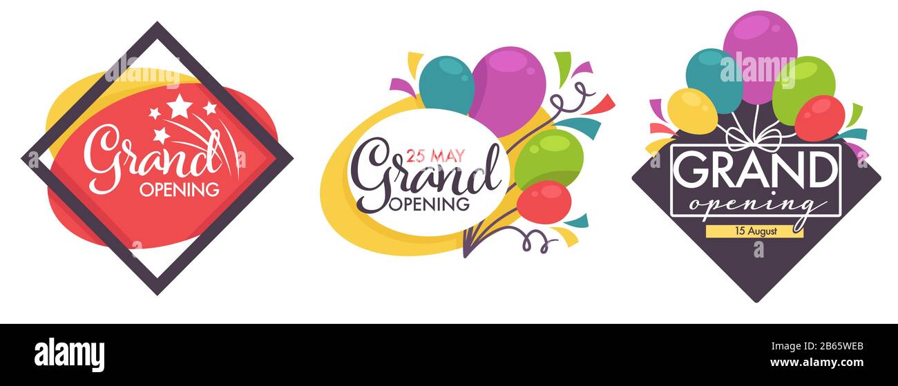 Grand opening isolated icons, balloons and confetti decor Stock Vector ...