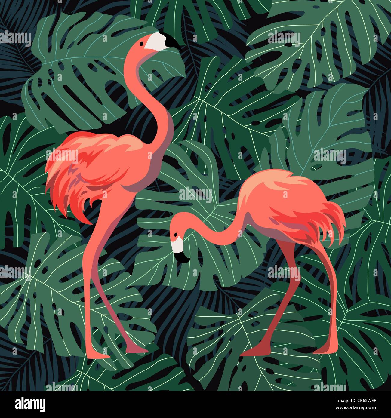 Pink flamingos on background with tropical leaves. Cartoon vector ...