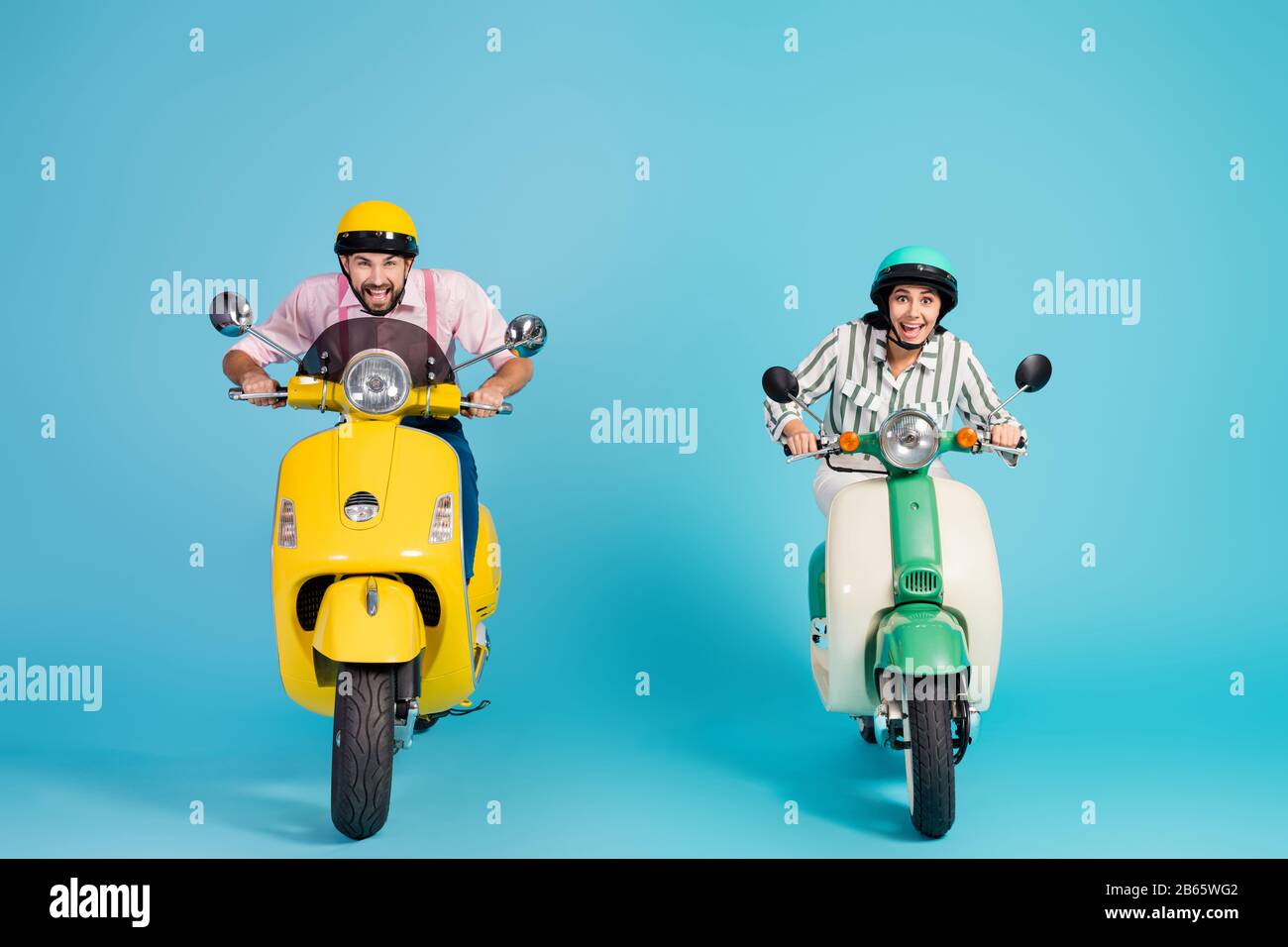 Full size photo of rushing funny two people lady guy drive retro moped ...