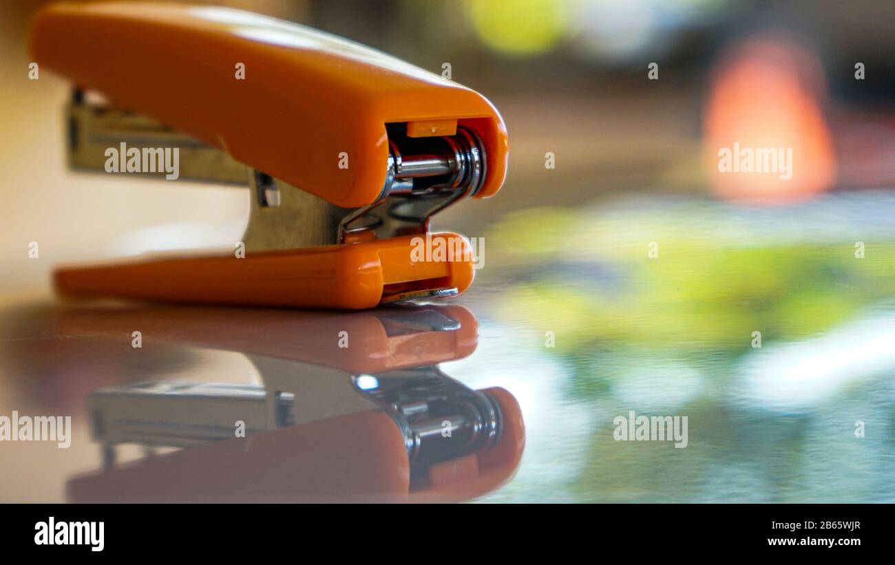 Close up of the orange stapler on the table Stock Photo - Alamy