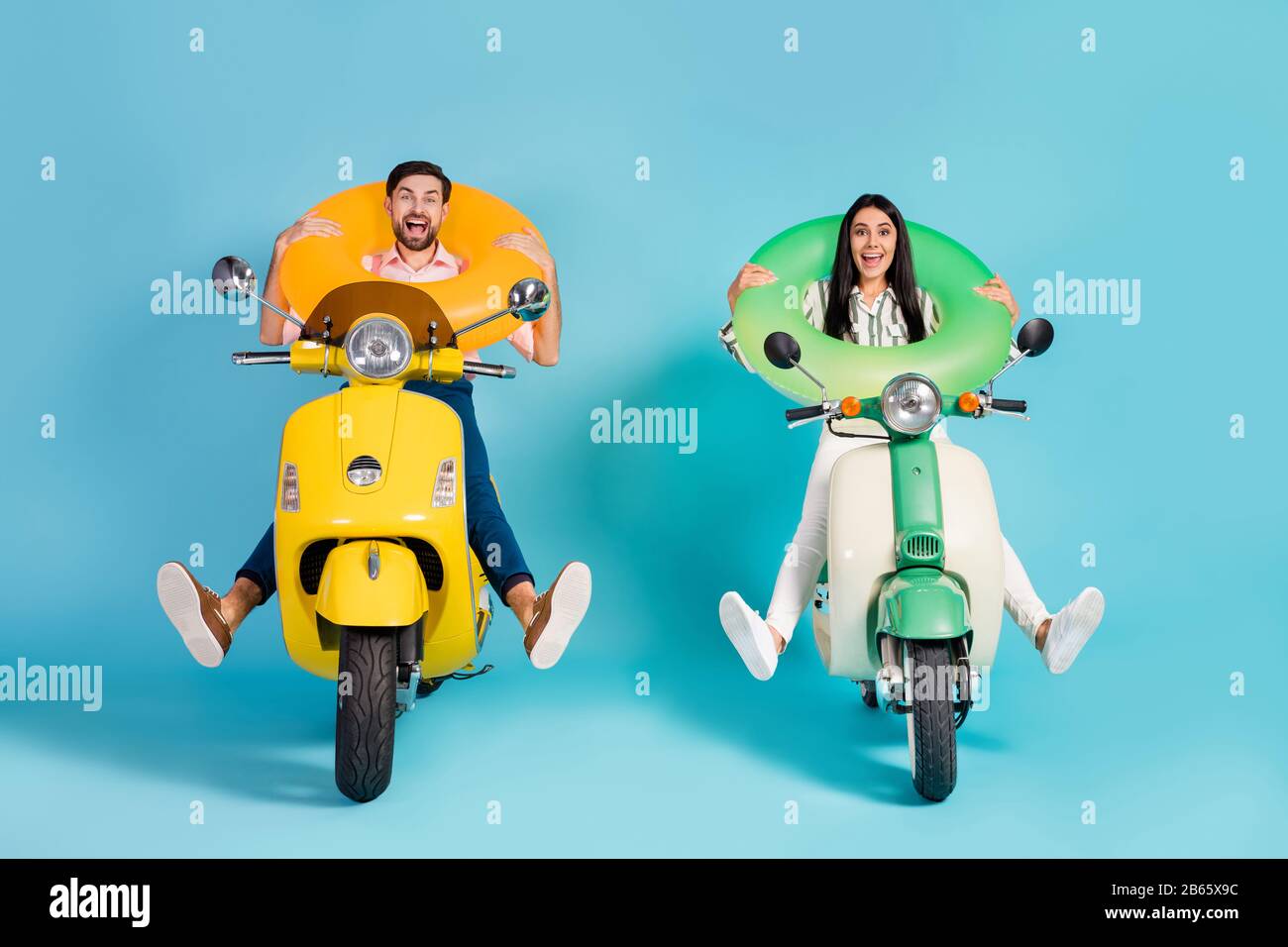 Full length photo of funky two people lady guy drive retro moped good ...