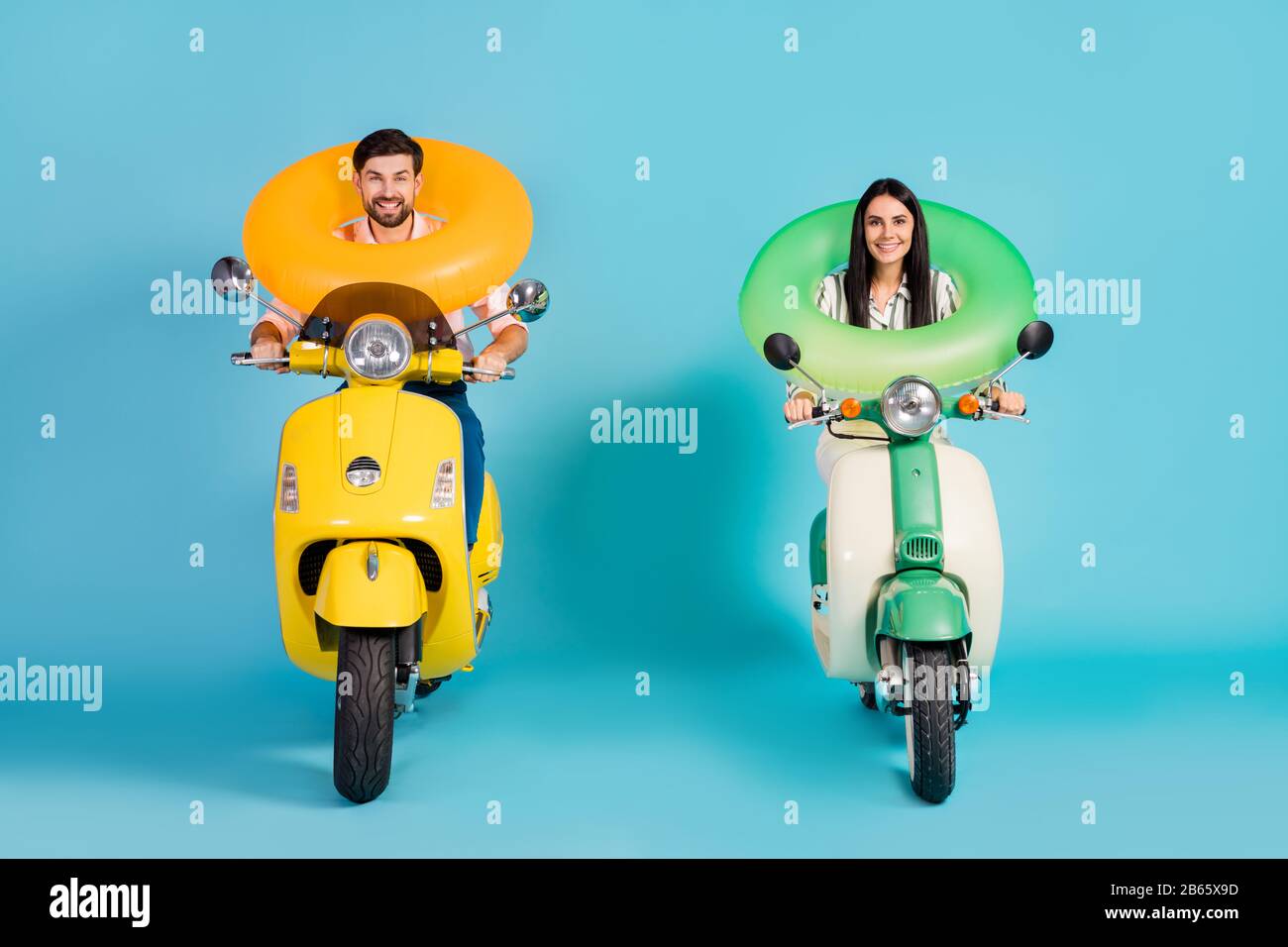 Full body photo of funky two people lady guy drive retro moped good ...