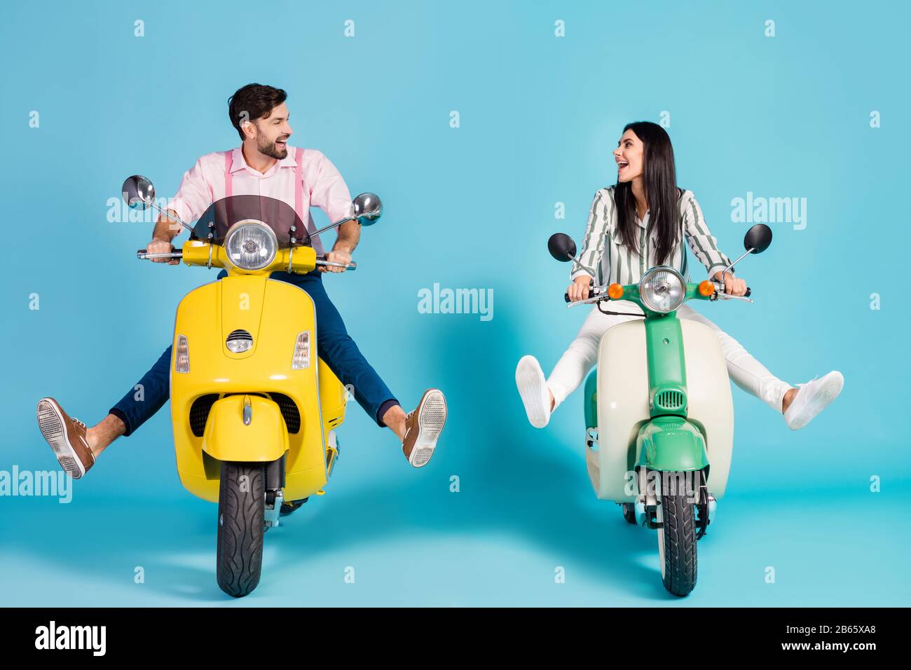 Full size photo of funky excited two people lady guy drive retro moped ...