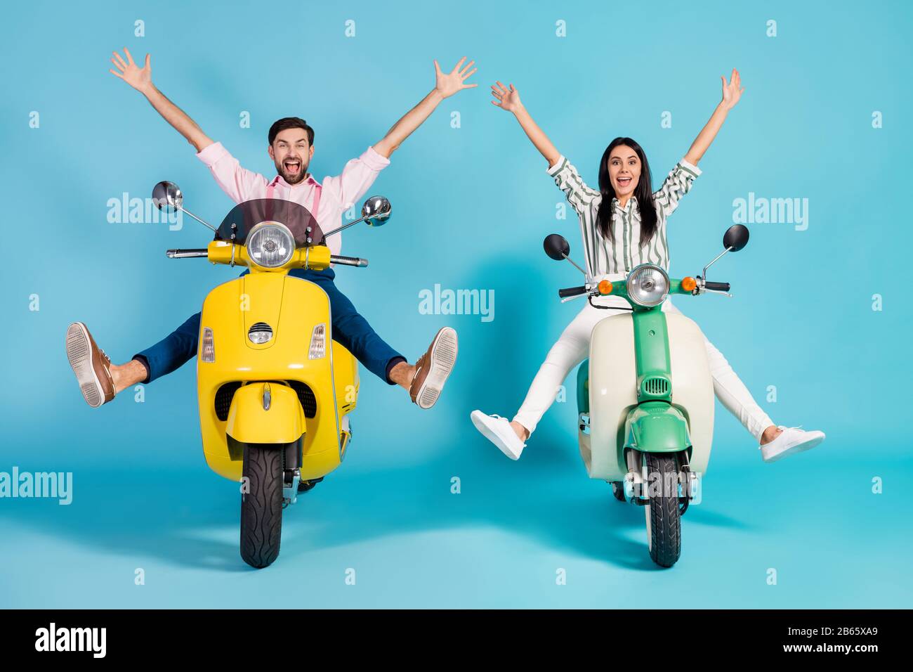 Full length photo of funky two people lady guy drive retro moped good ...