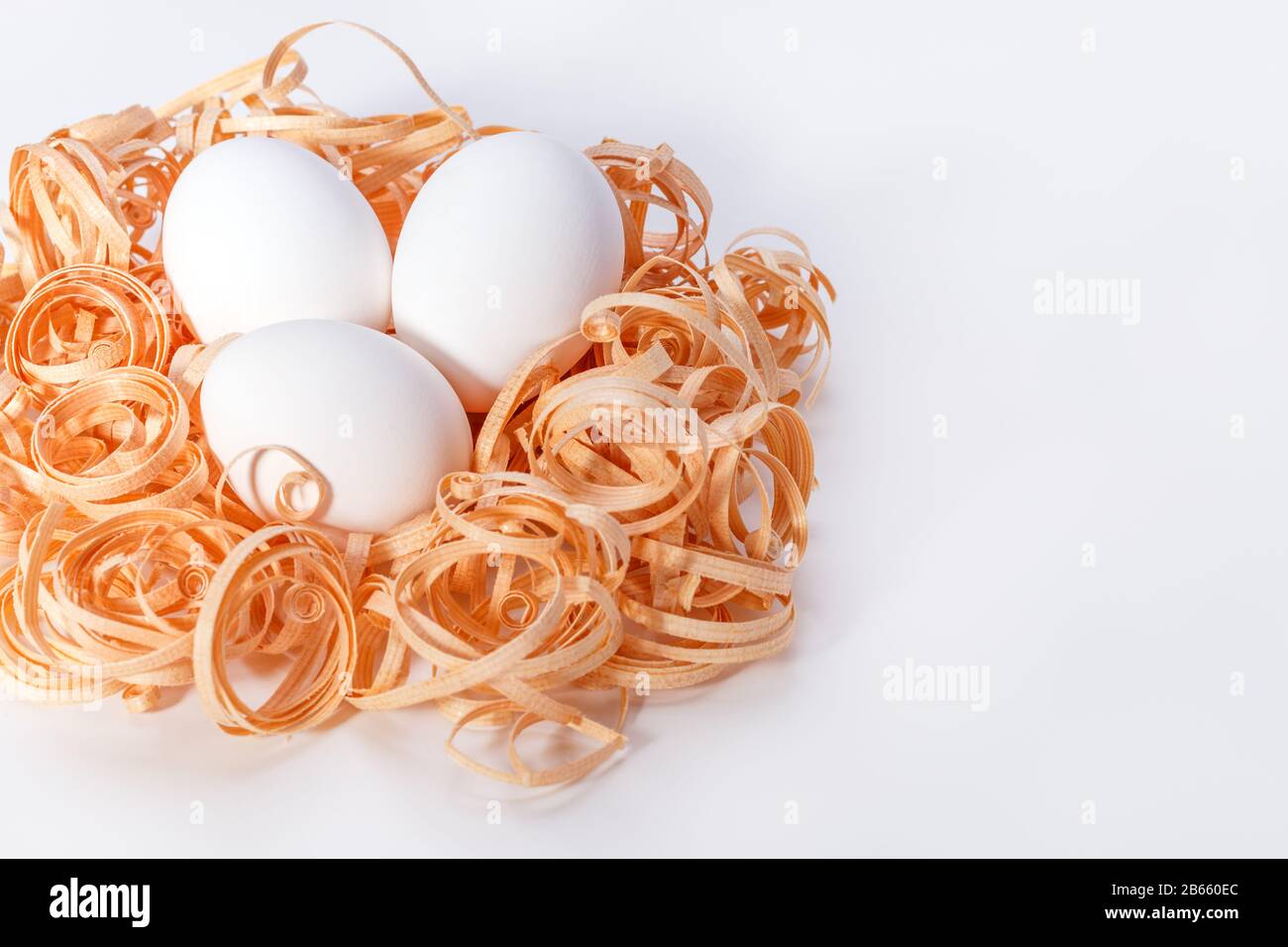 A group of snow white eggs decorated with wood sawdust like a nest for ...