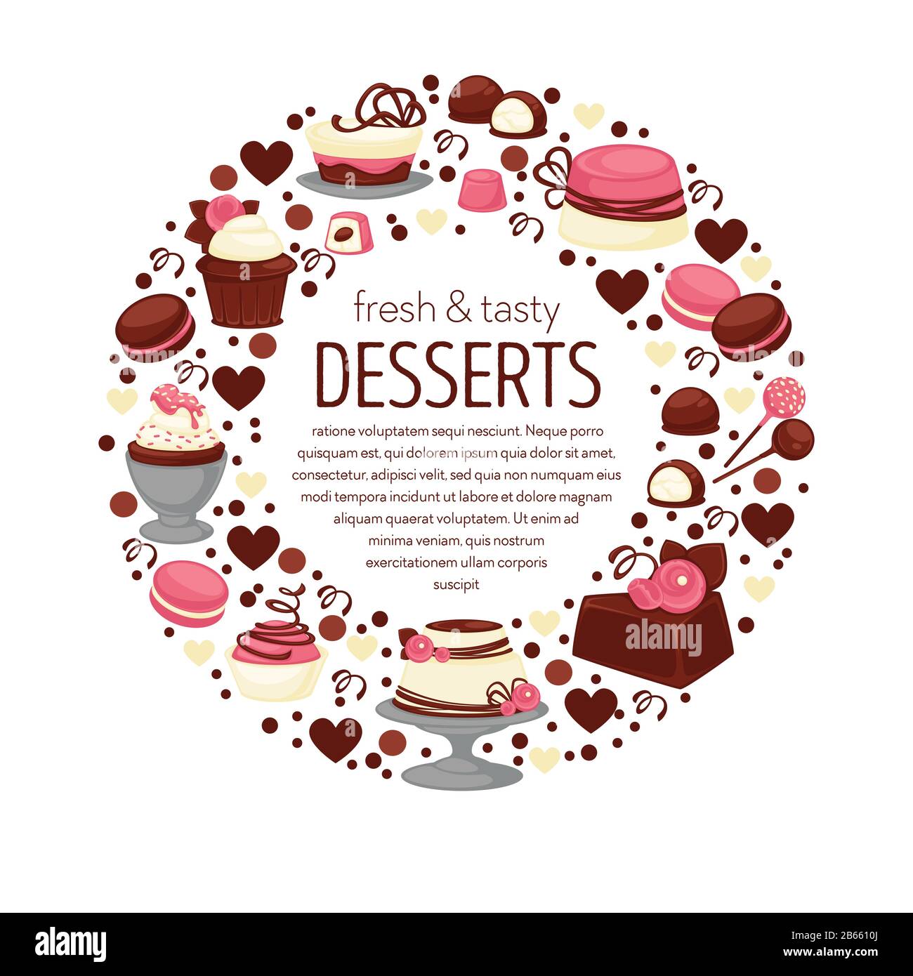 Desserts banner or emblem, cakes and cupcakes, macaroons and lollipops ...