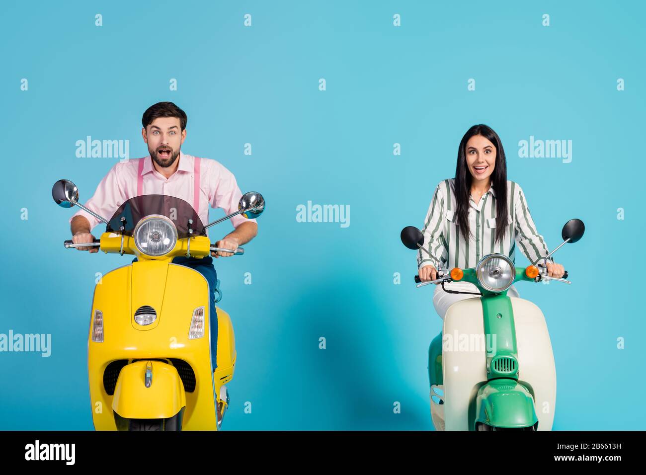 Surprised excited wife husband drive choppers see incredible sales news ...