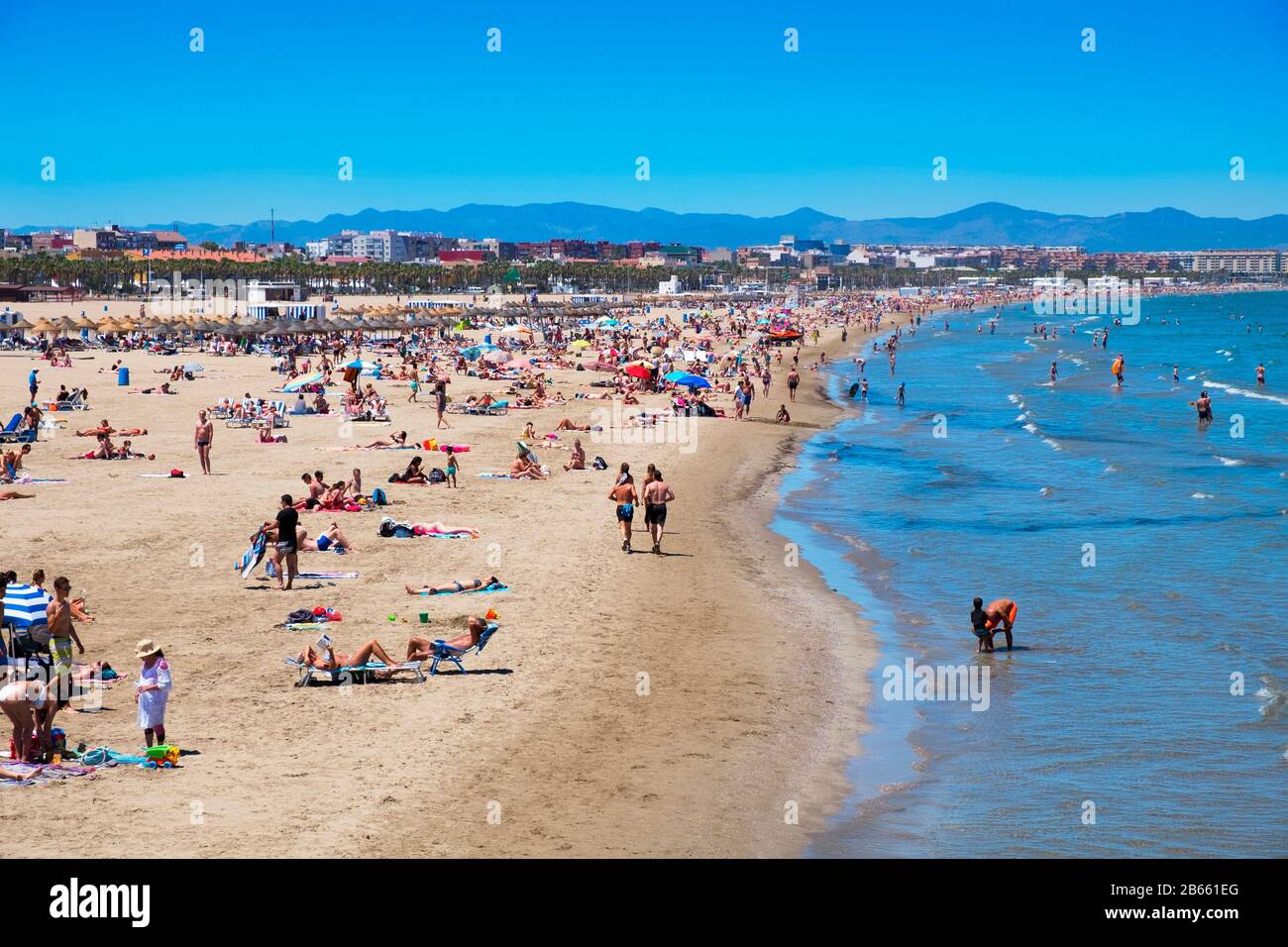 VALENCIA, SPAIN - JUNE 22: Sunbathers at El Cabanyal and La Malvarrosa ...