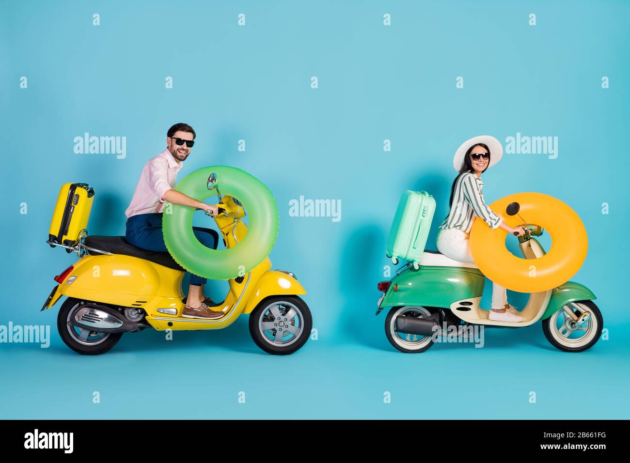 Full size profile side photo positive two people bikers rider driver ...