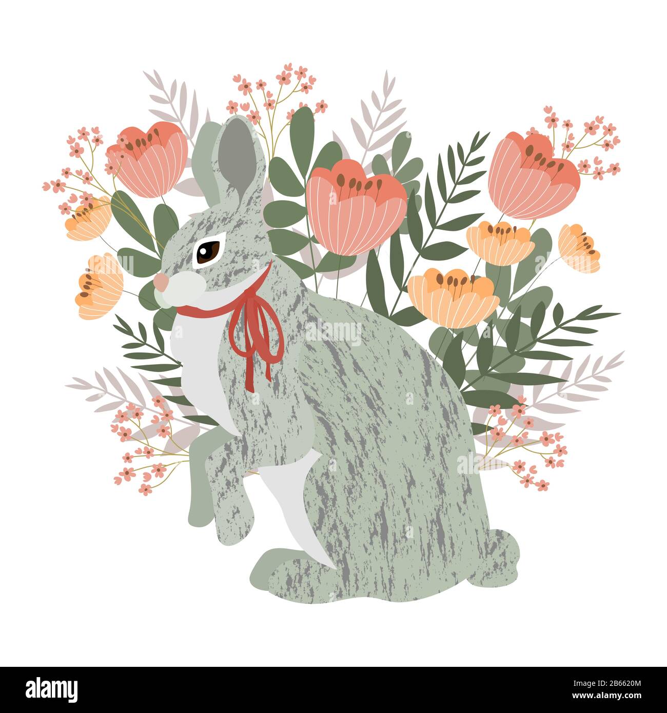 Cute gray rabbit on a floral background. Spring vector illustration ...
