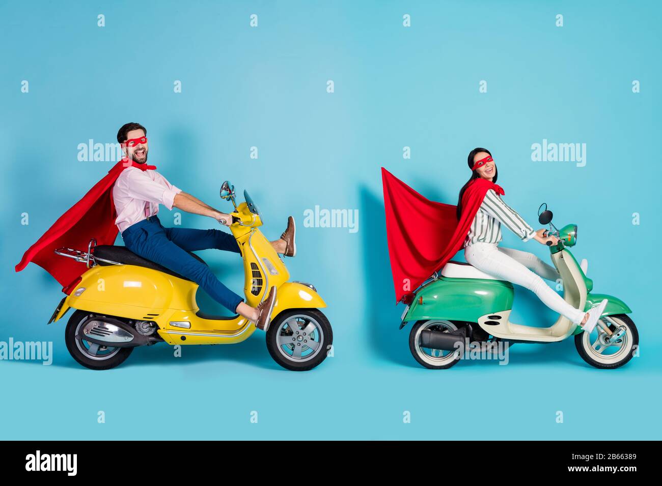 Full size profile photo of excited lady guy drive two retro moped big ...