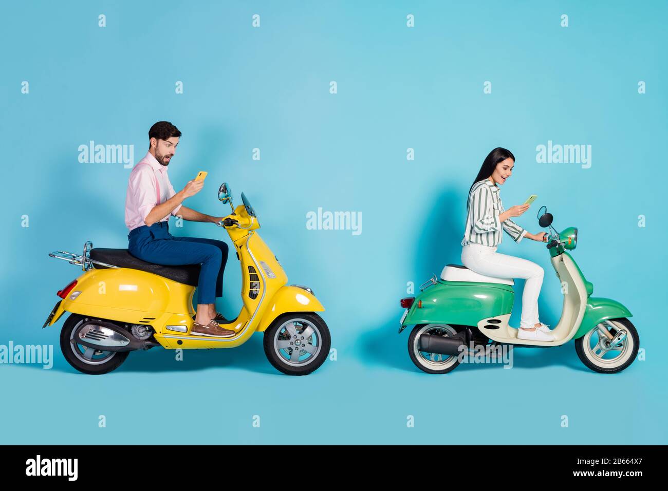 Full body profile side photo shocked crazy man woman drive yellow green ...