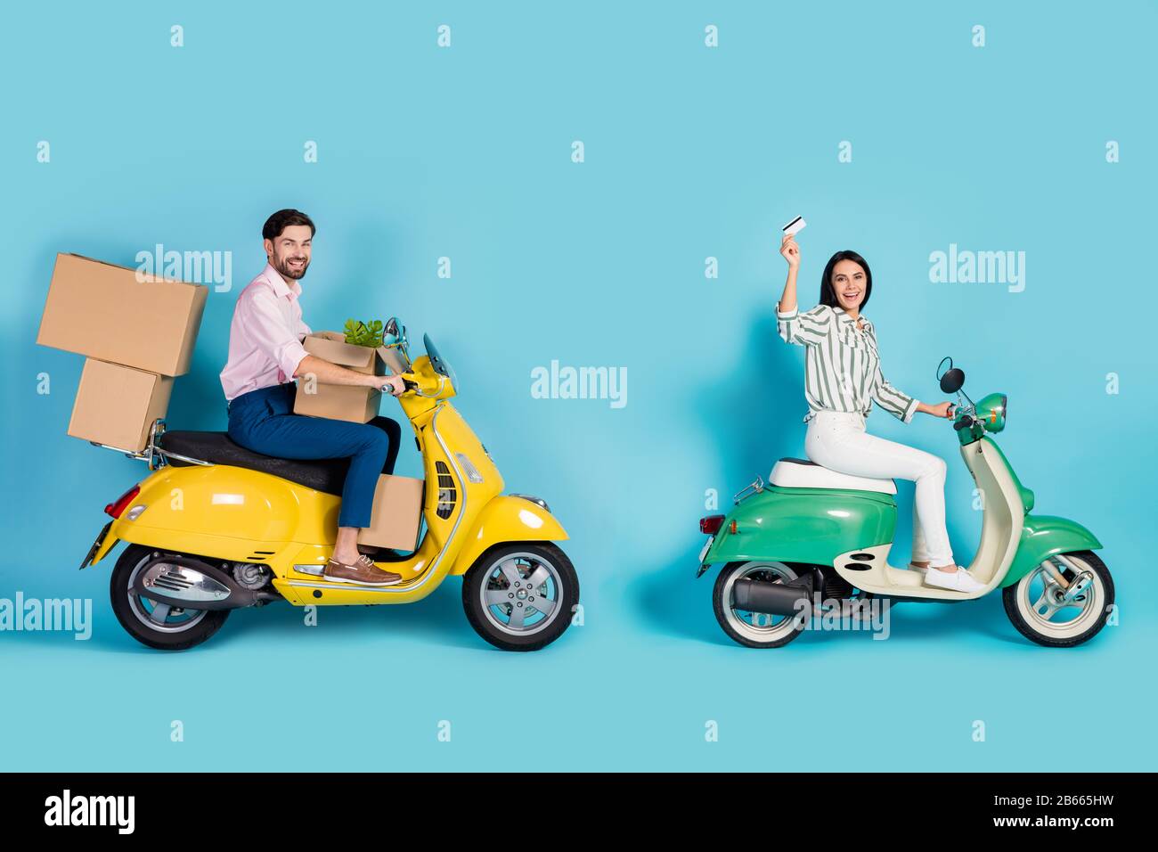 Full size profile side photo positive two people rider driver drive ...