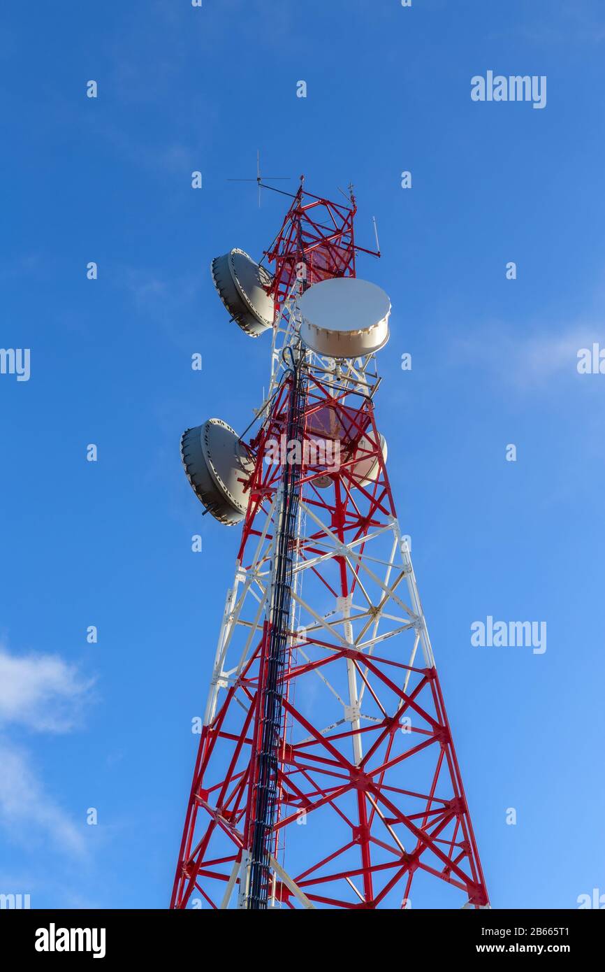 A modern tower antenna for broadcasting telephone, television, and ...