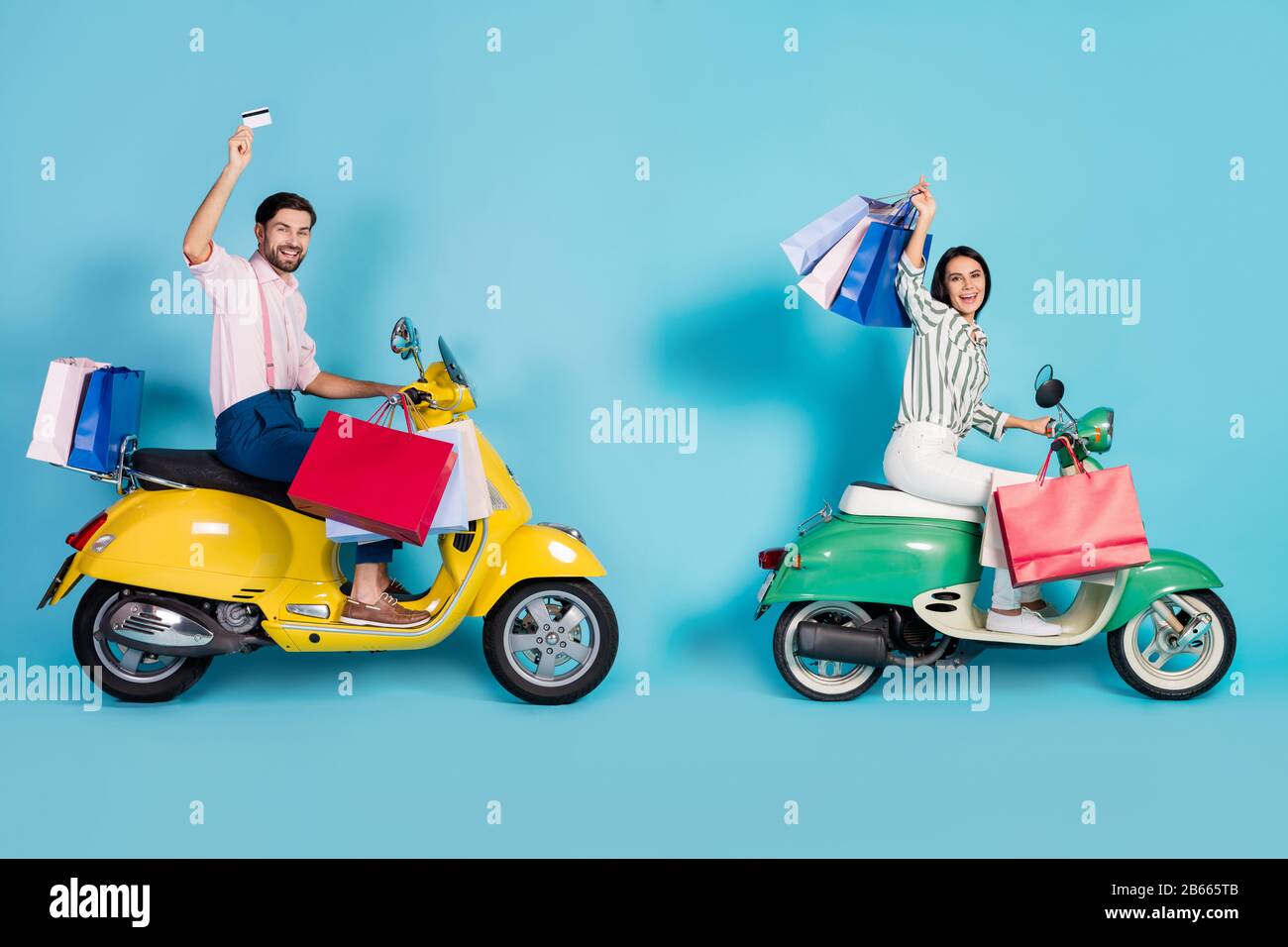 Full size profile side photo delighted two people rider driver drive ...