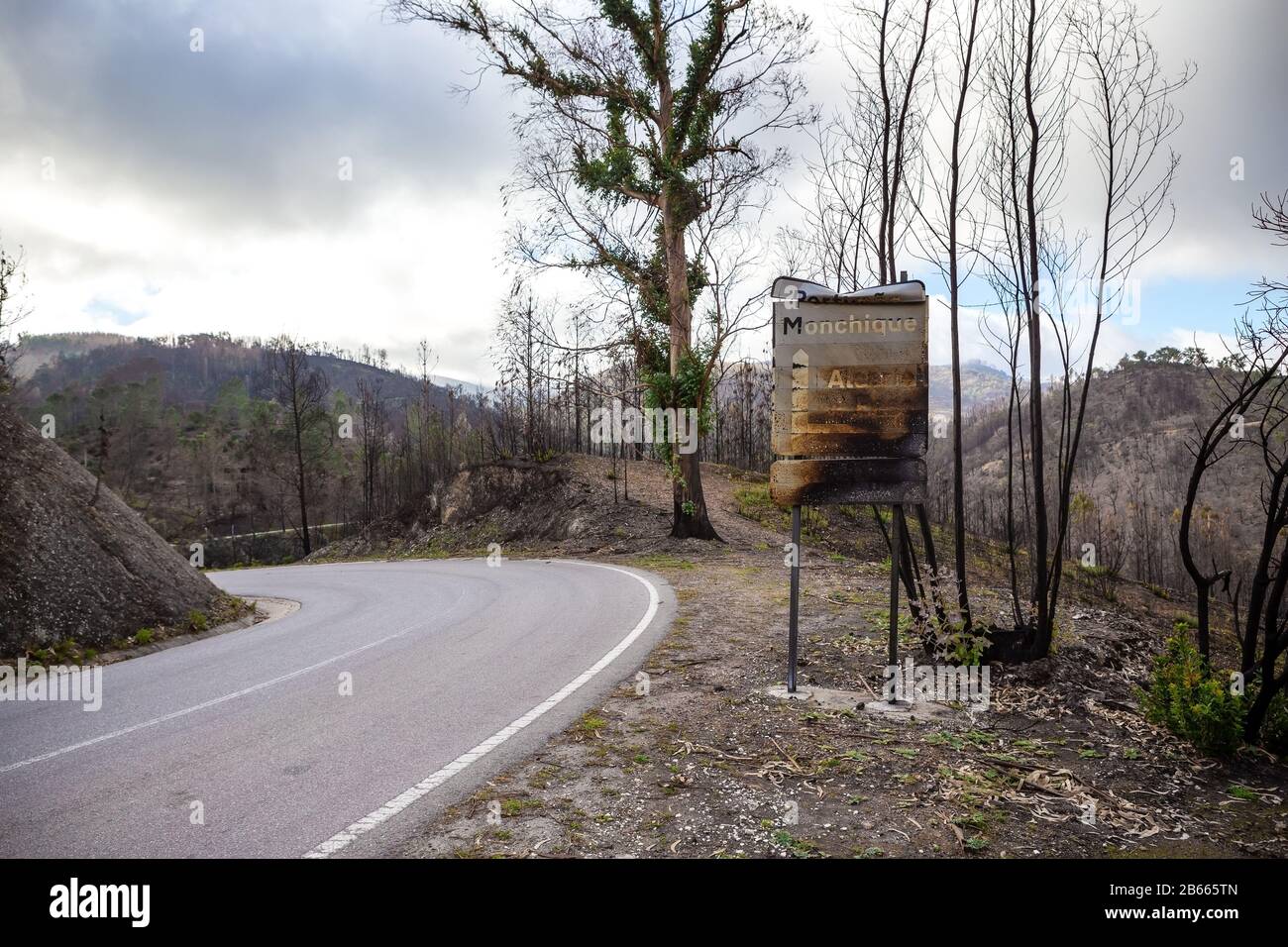 Burnt sign on the road after a forest fire in Monchique, Portugal ...