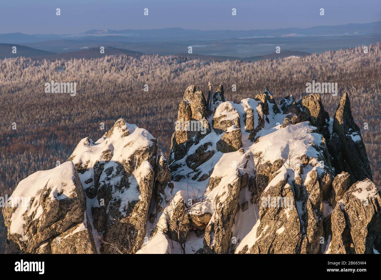 Rock city stone Butte in the winter the Ural mountains at sunrise Stock ...