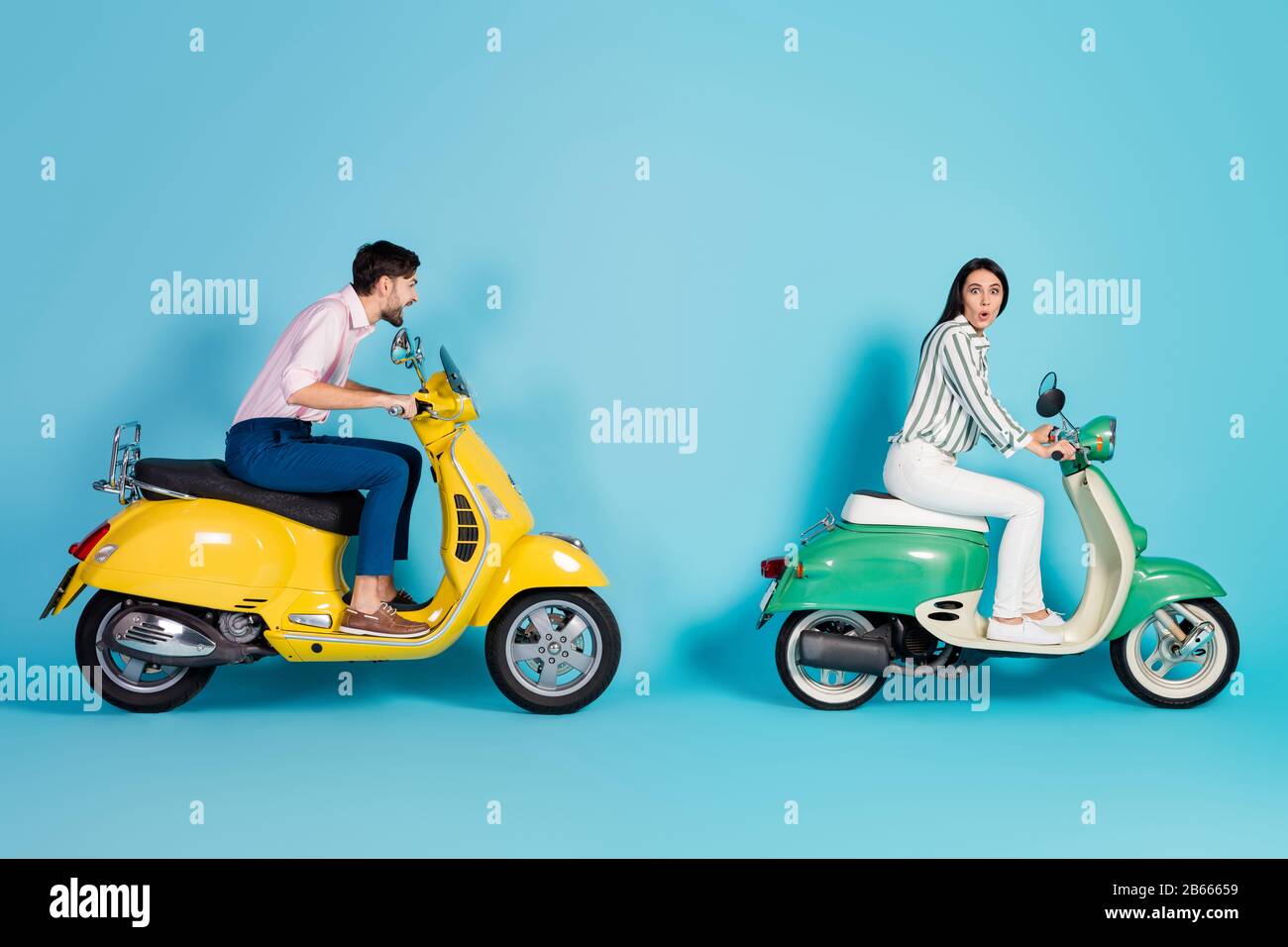 Full size profile side photo of crazy bikers wife husband drive power ...