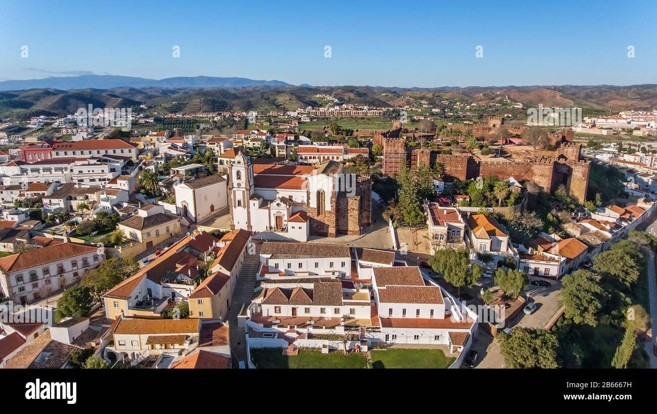 Silves village at the medieval fair, aerial view of the historic castle ...