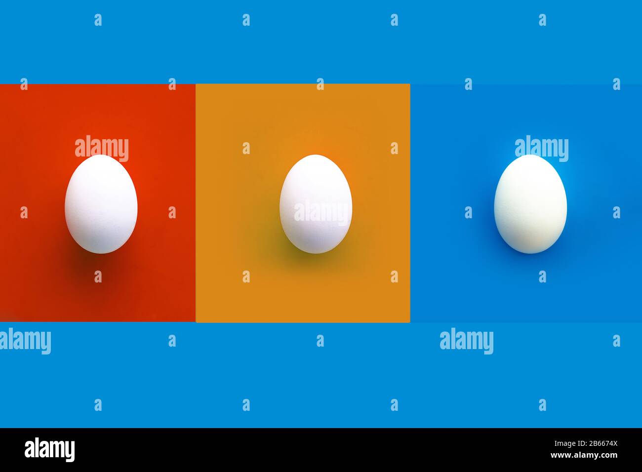 Collage of red, orange and blue rectangles with three white chicken ...