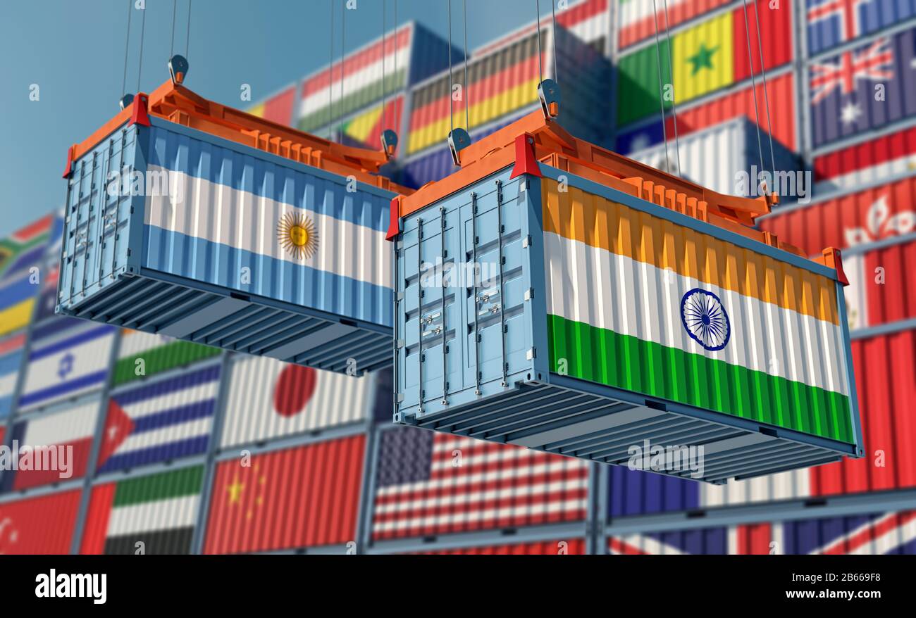 Shipping containers with India and Argentina flag. 3D Rendering Stock ...