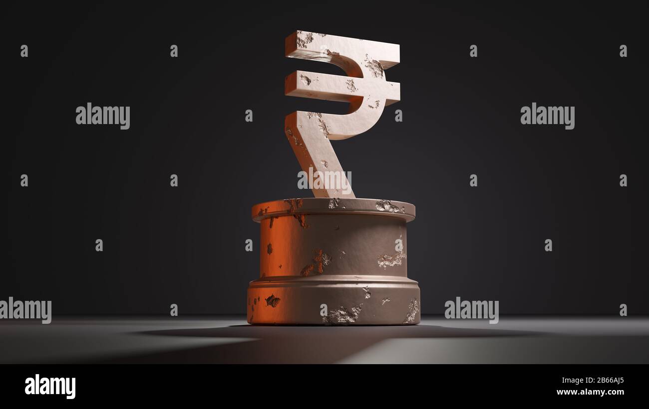 Metallic 3D Indian Rupee sign on Column Pedestal. Rendered Illustration ...