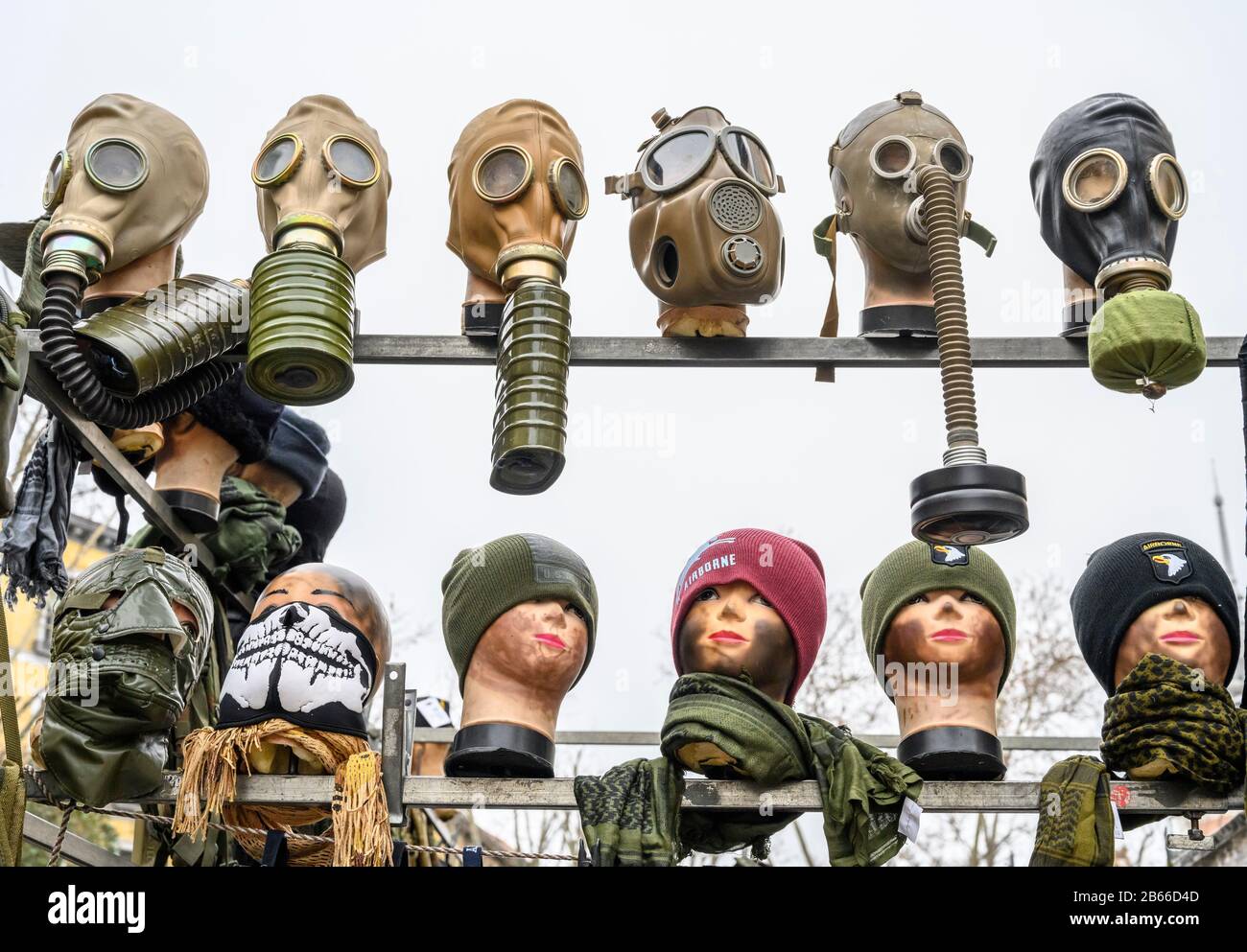 Gas masks on sale in the Rastro flea market on the Calle de la Ribera ...