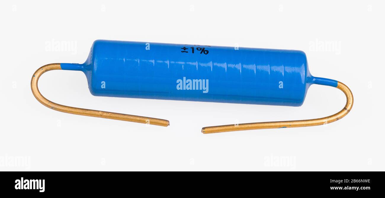 Blue metallized power electronic resistor with gilded terminal wires on ...