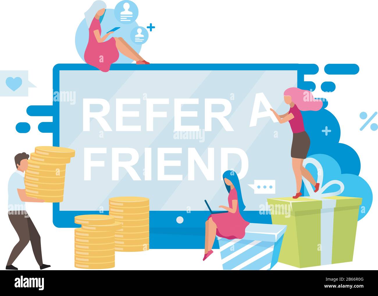 Refer a friend bonuses flat vector illustration. Customer attraction ...