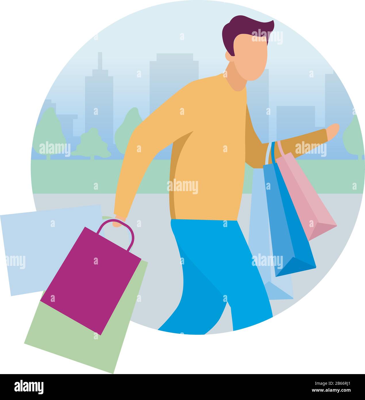 Man doing shopping flat concept vector icon. Guy hurry up with ...