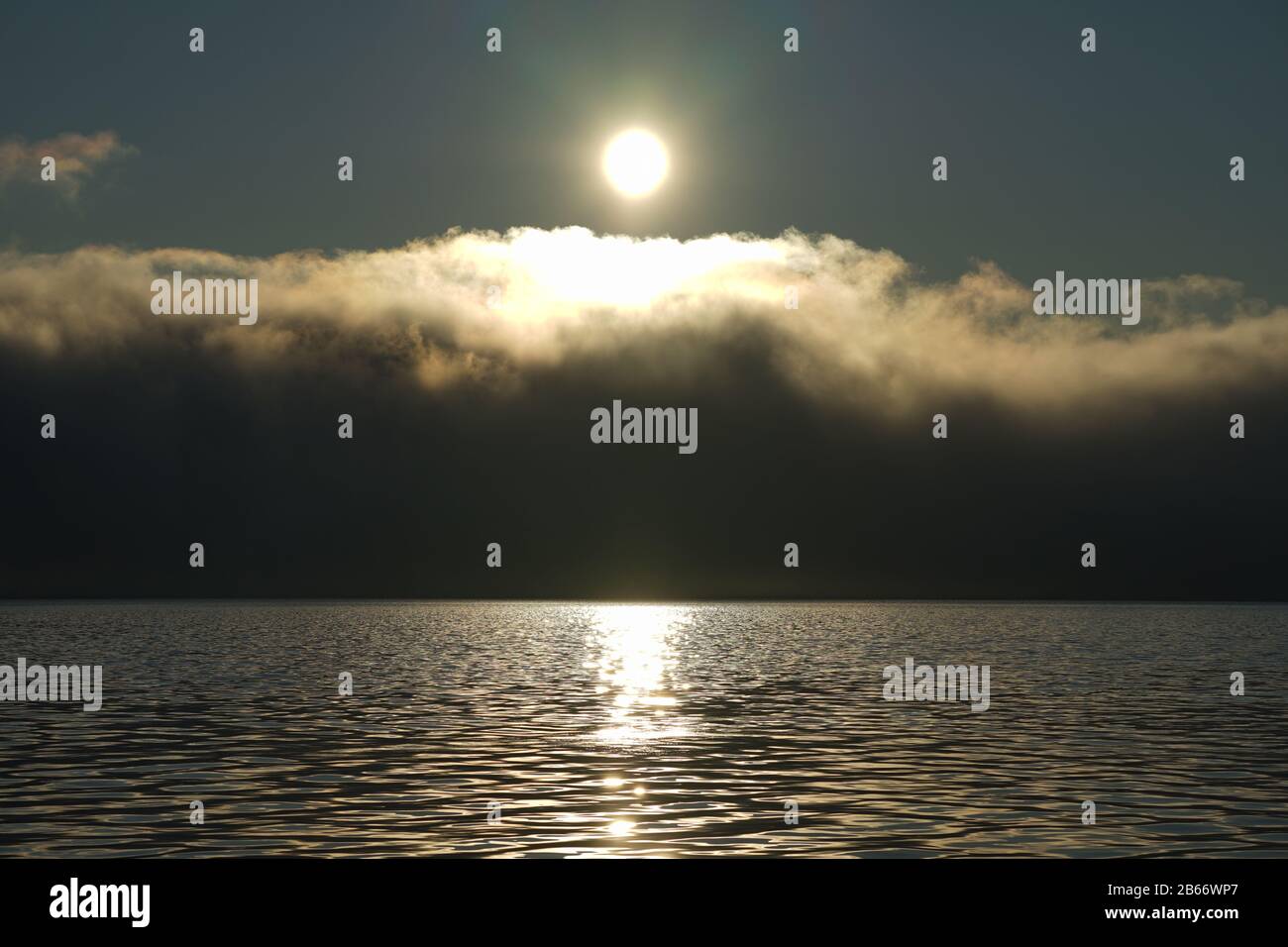 View of morning fog rising over water and lit by the sun creating a ...