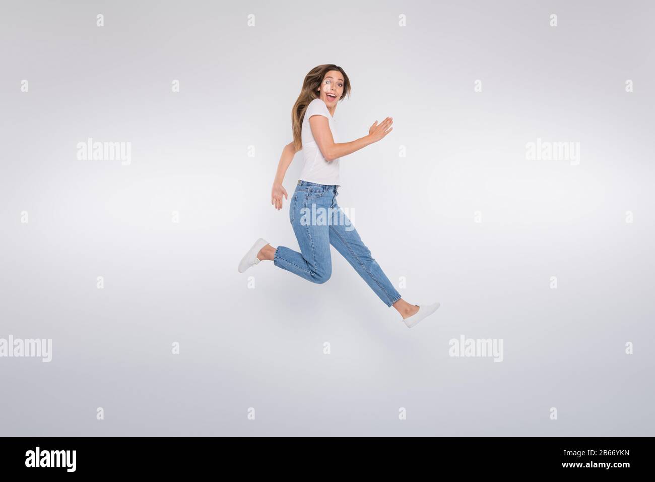 Full length body size photo of girlfriend running forward looking into ...