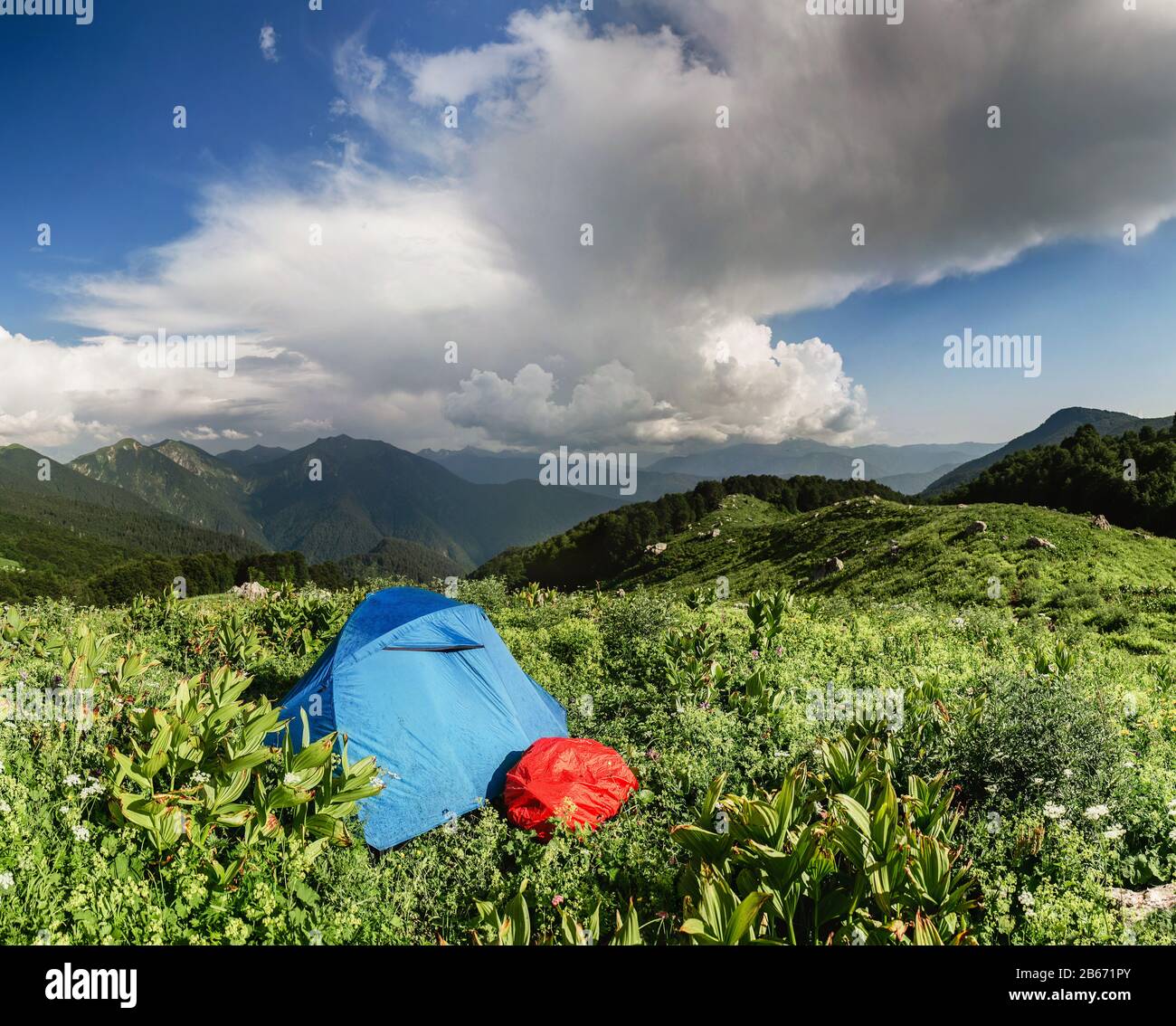 Blue Tent in the hikers camp in mountains Stock Photo - Alamy