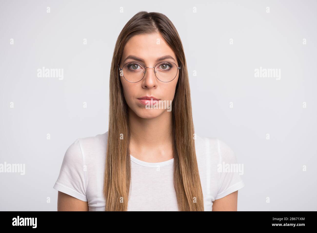 Photo of pretty manager lady listening colleague attentively wear specs ...