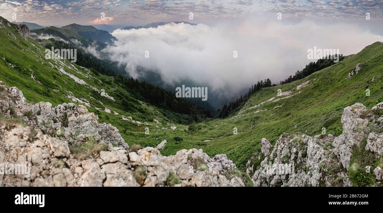 fog and cloud mountain valley landscape, view from above Stock Photo ...