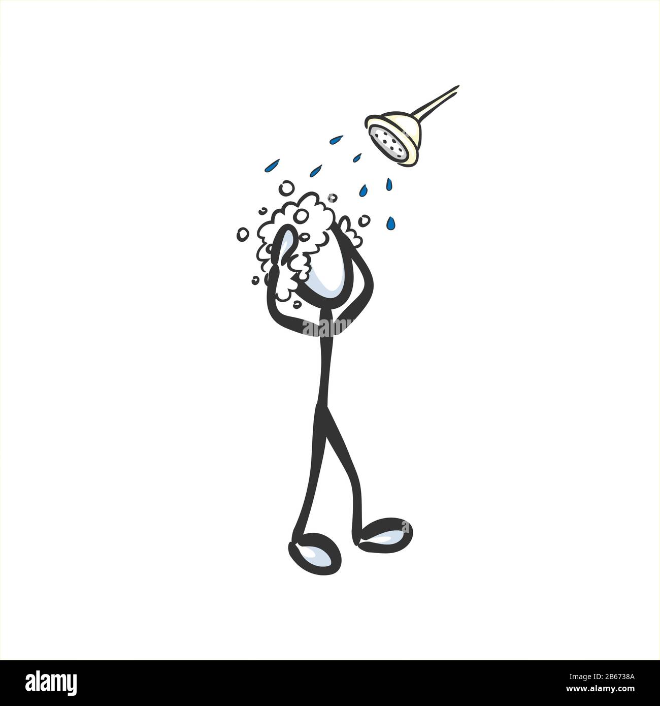 Man in shower, washing hair with shampoo. Soap foam in bath. Hand drawn ...