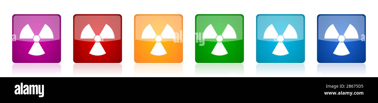 Radiation icon set, colorful square glossy vector illustrations in 6 ...