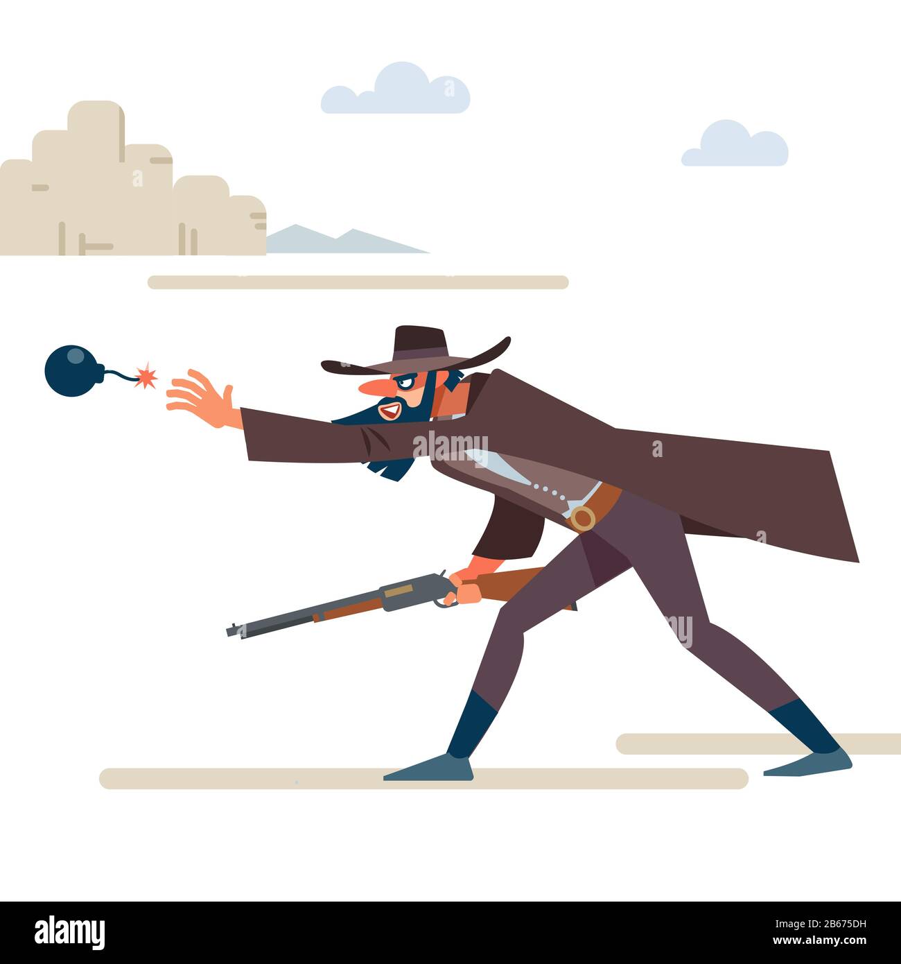Cowboy with a rifle throws a bomb. The Old Wild West. Cartoon vector ...