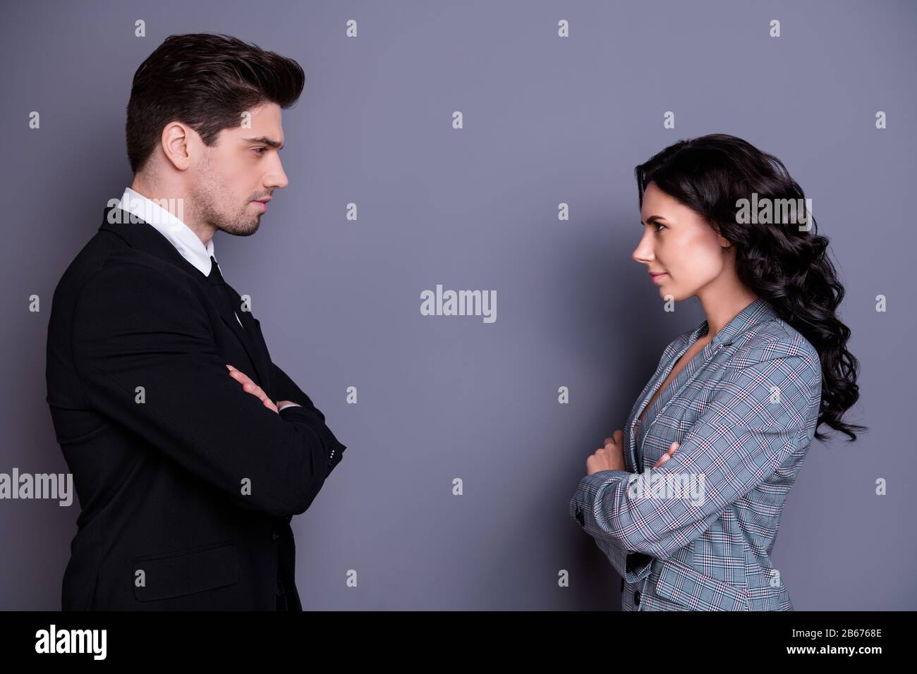 Profile side view portrait of his vs he her she attractive serious ...